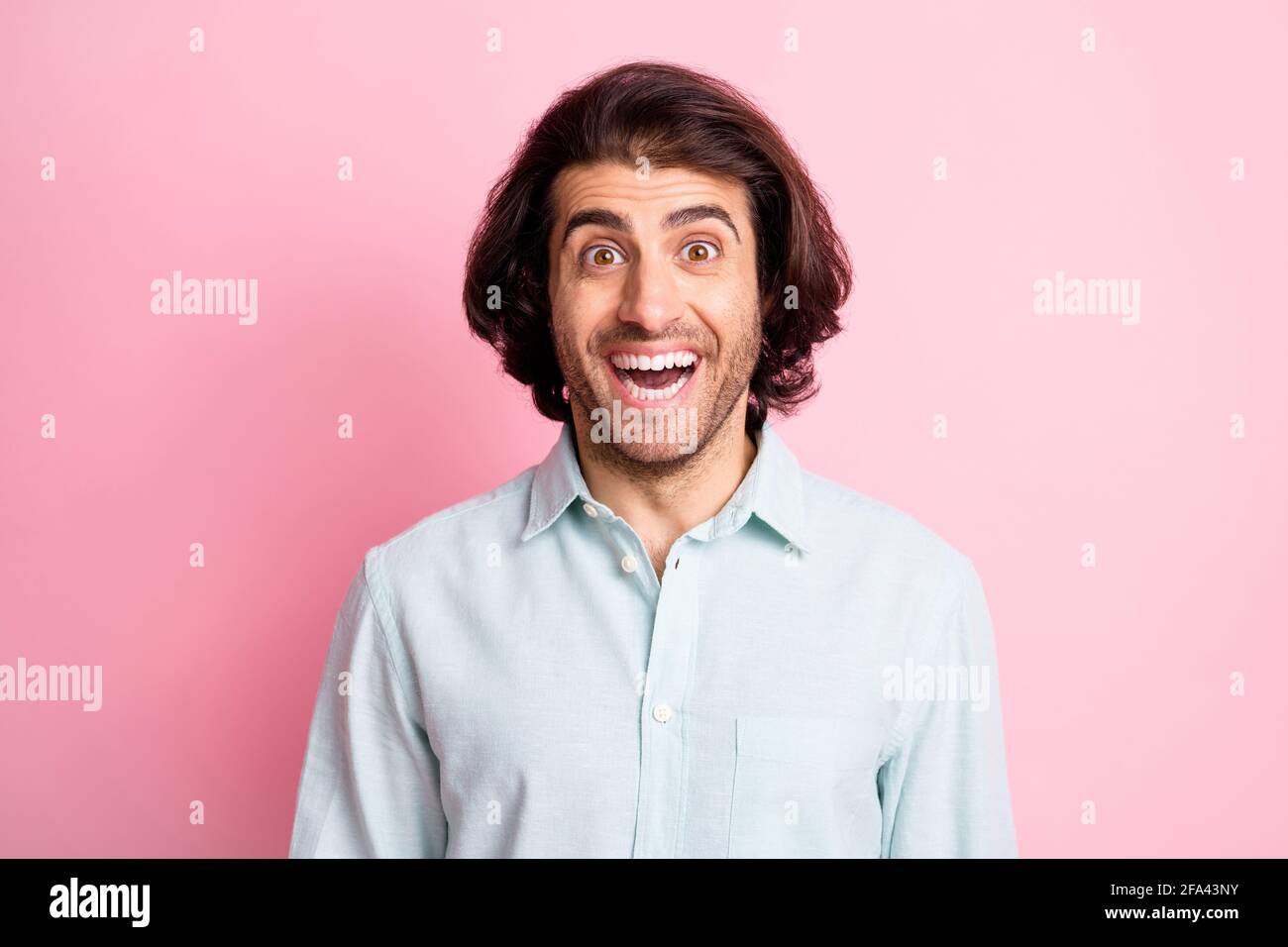 Close up photo of impressed satisfied person toothy smile good news ...