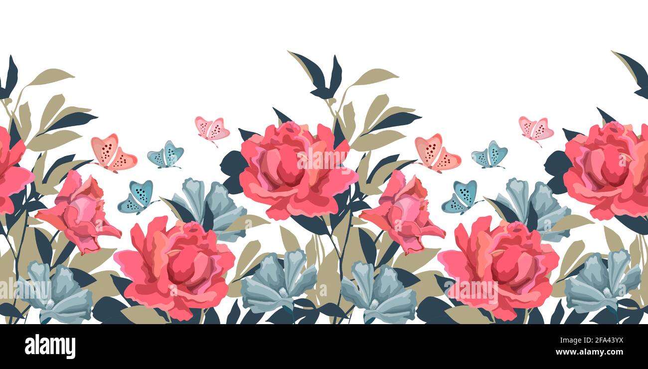 Vector floral seamless pattern, border. Roses, mallows, twigs with ...