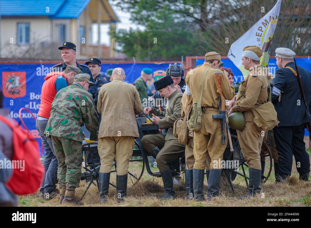 Reconstruction of the Second World War. Russian soldiers take food in ...