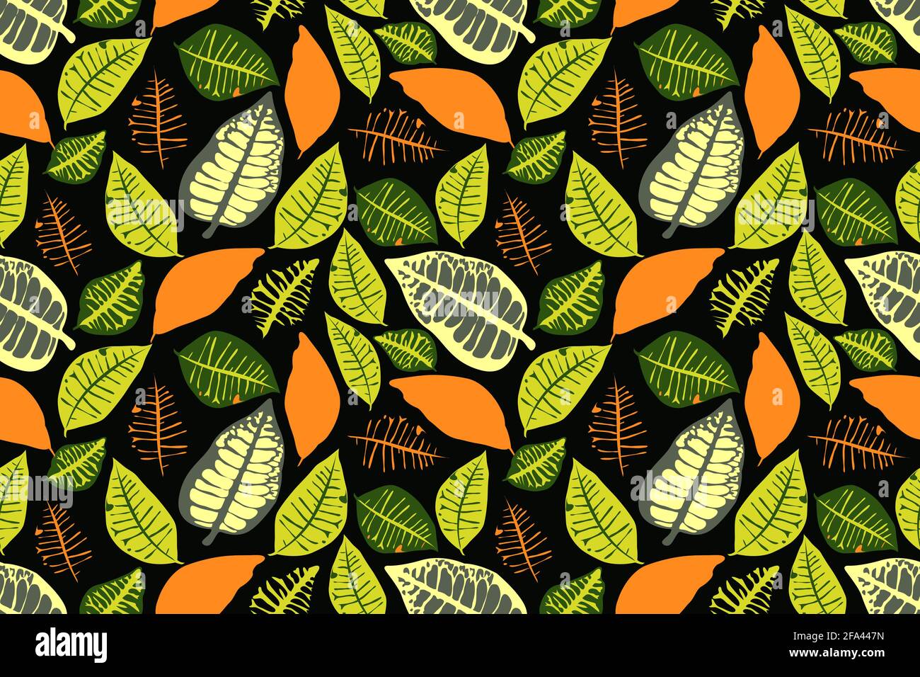 Vector floral seamless pattern with colorful leaves. Green, orange ...