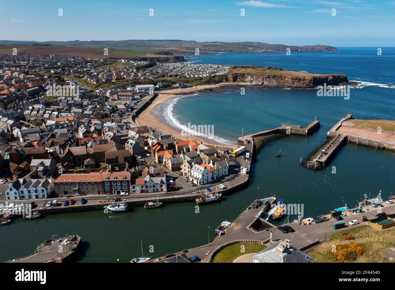 Aerial view of Eyemouth harbour and town centre, Berwickshire, Scotland ...
