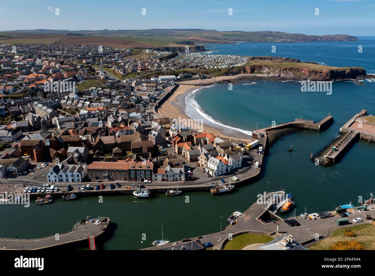 Aerial view of Eyemouth harbour and town centre, Berwickshire, Scotland ...