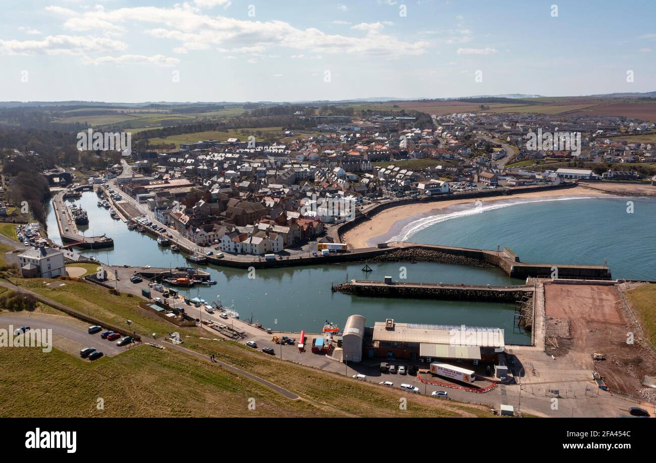 Aerial view of Eyemouth harbour and town centre, Berwickshire, Scotland ...