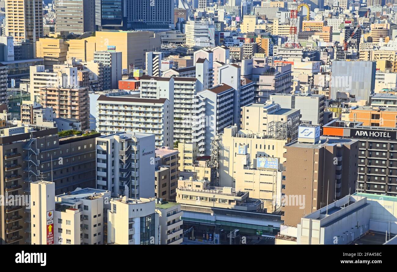Osaka, Japan - October 31 2020: Aerial view of some of the many ...