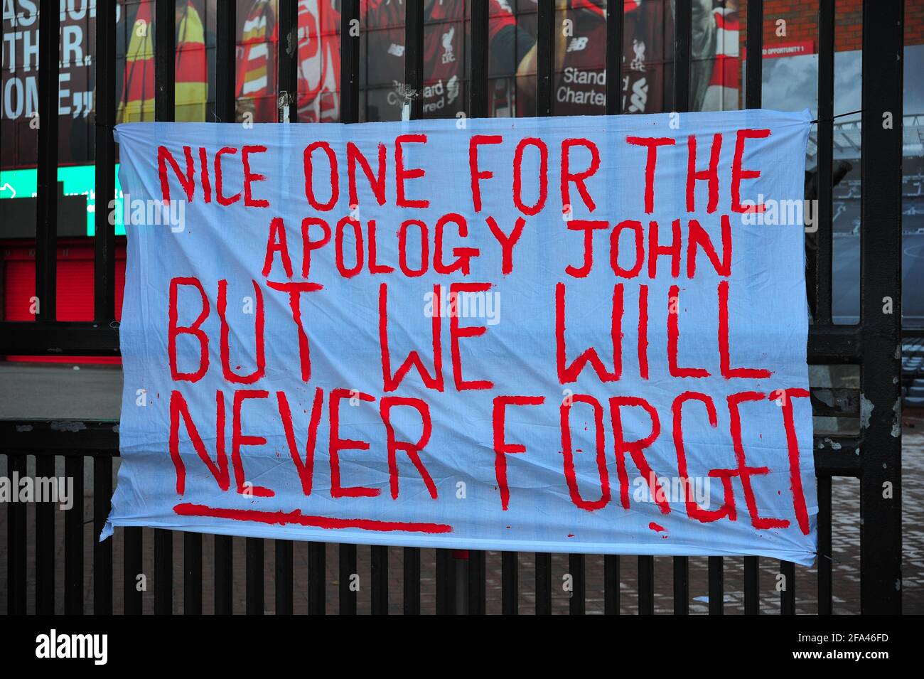 Banners attached to the fence and gates of Liverpool Football Club by ...