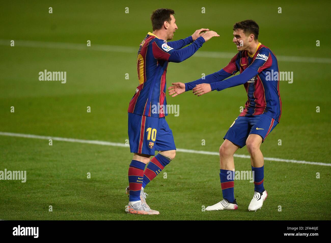 Lionel Messi of FC Barcelona celebrates the 2-1 with Pedro Gonzalez ...