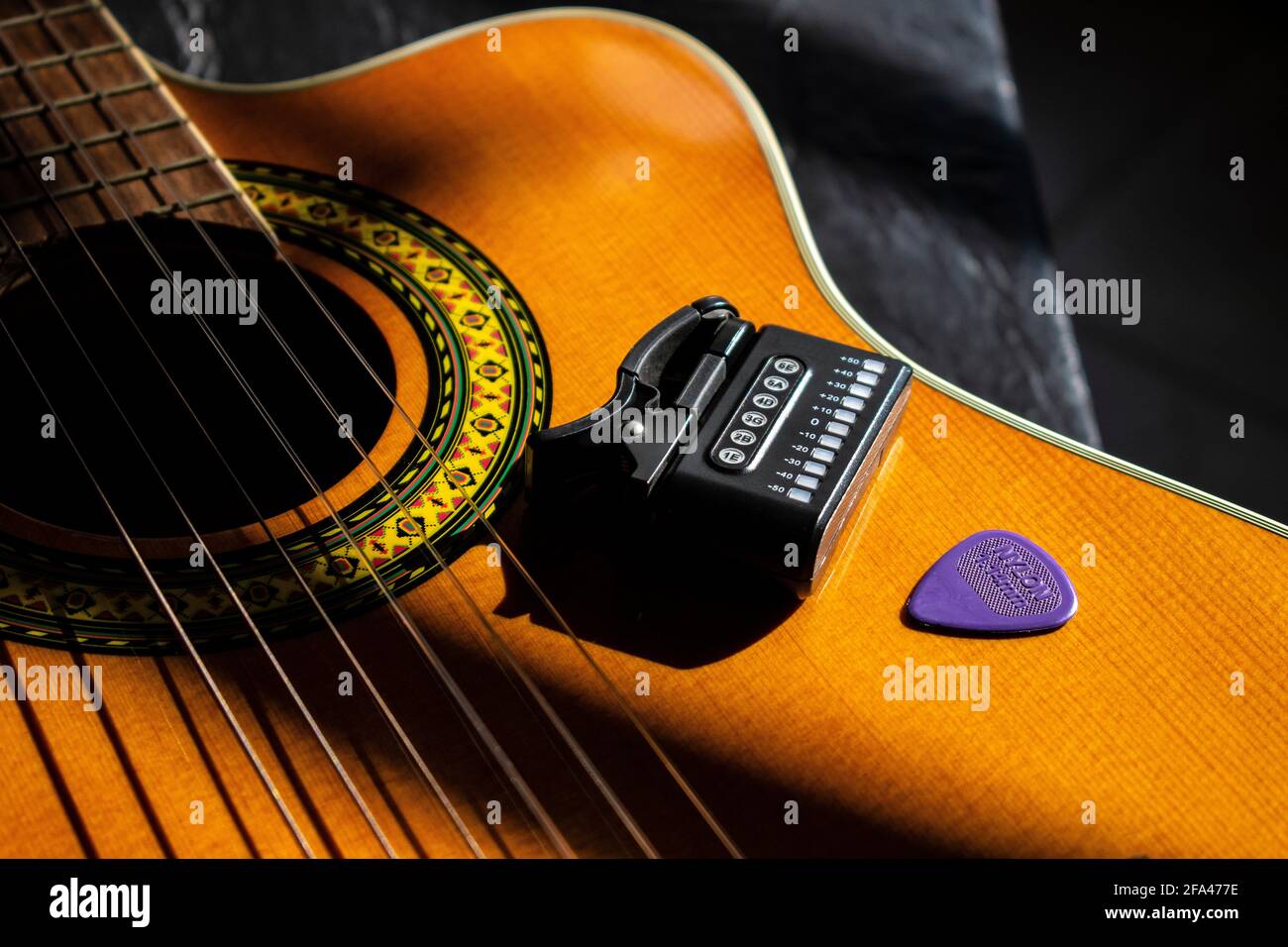 Classical or Creole guitar, pick and tuner Stock Photo - Alamy