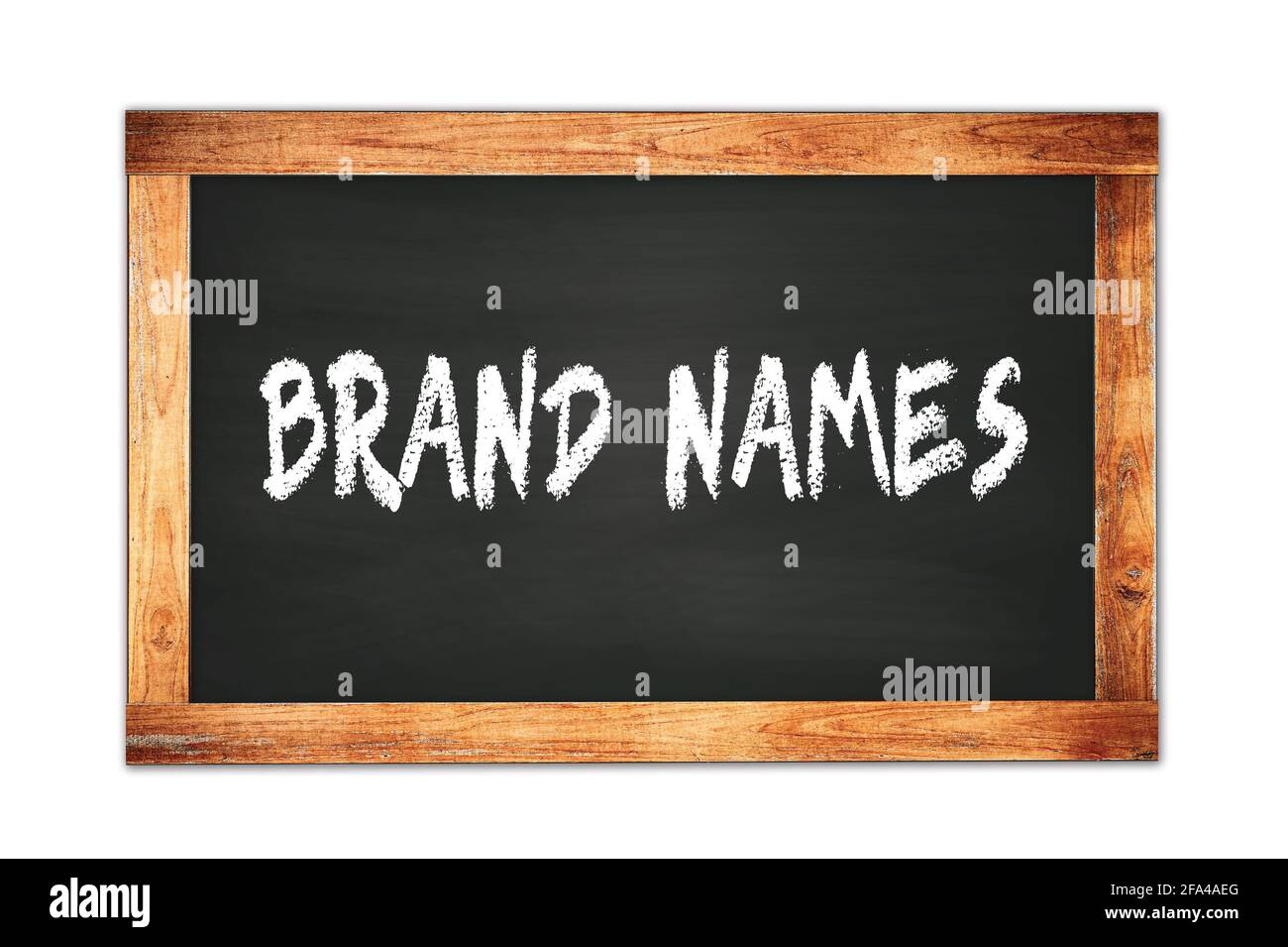 BRAND NAMES text written on black wooden frame school blackboard Stock ...