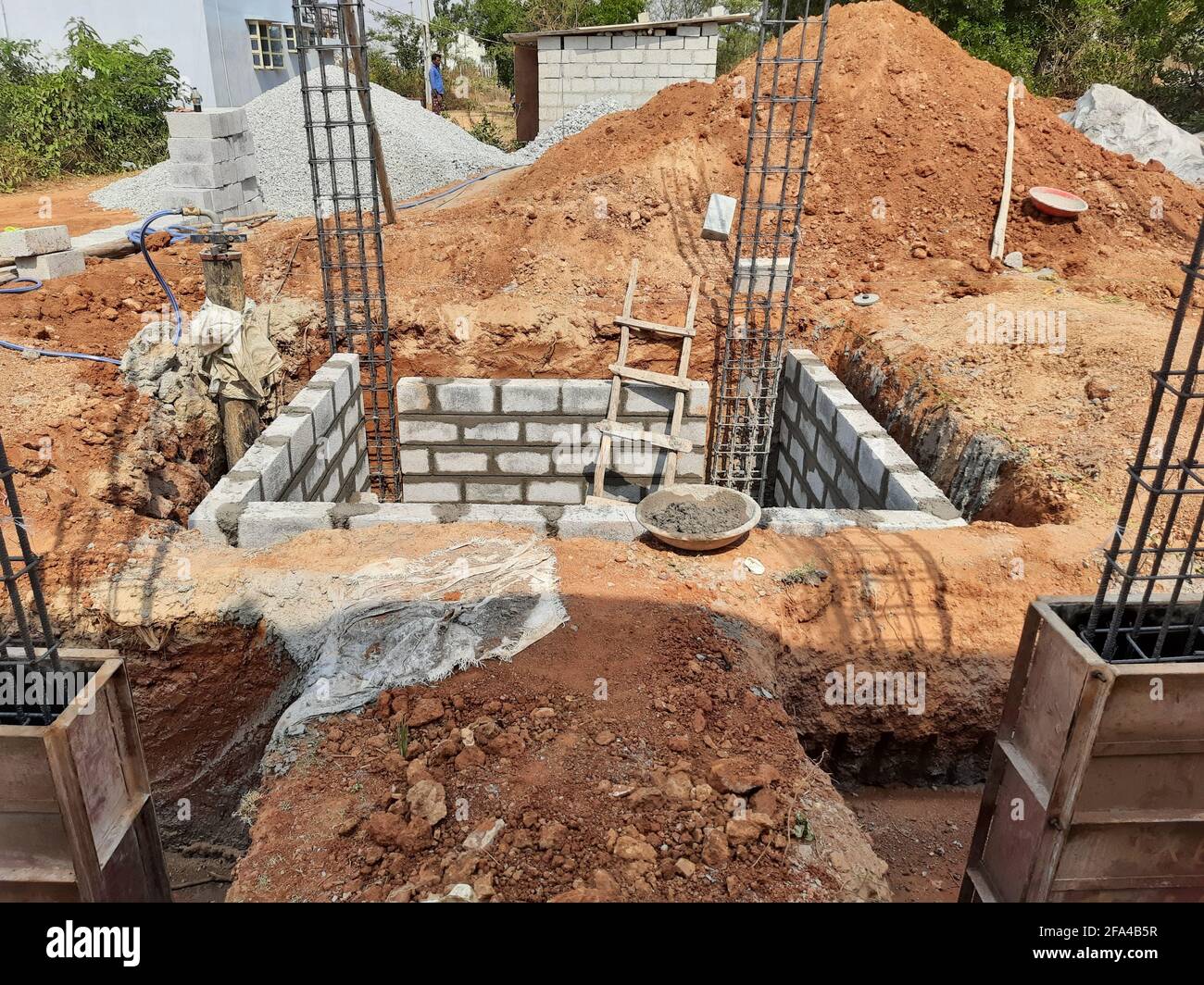 New building construction with cement block and artificial sand in a ...