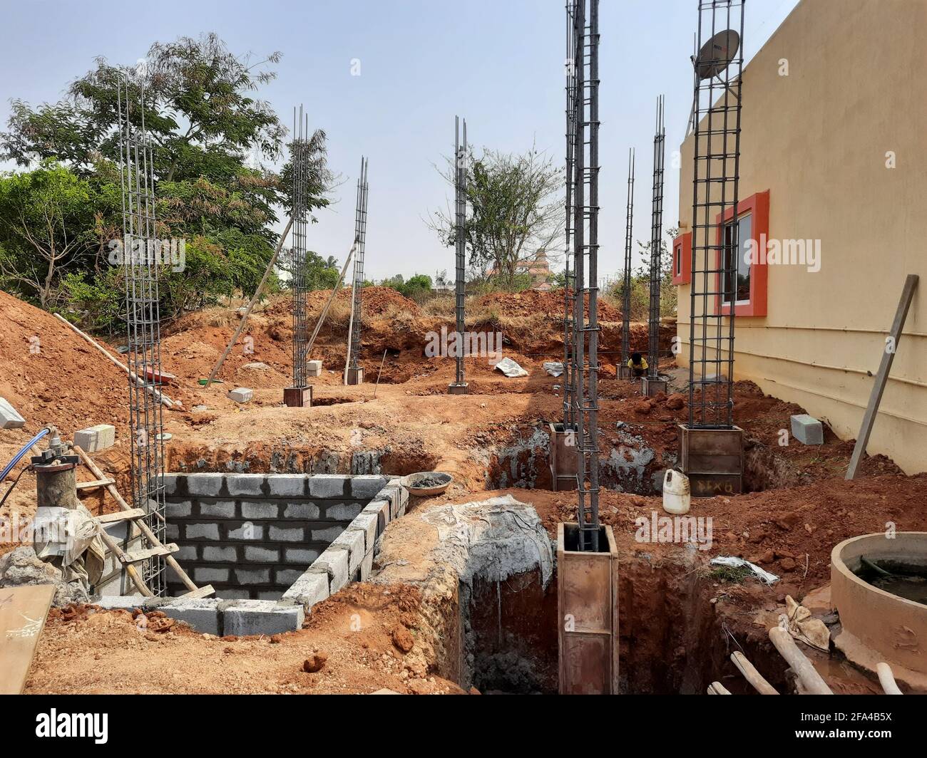 New building construction with cement block and artificial sand in a ...
