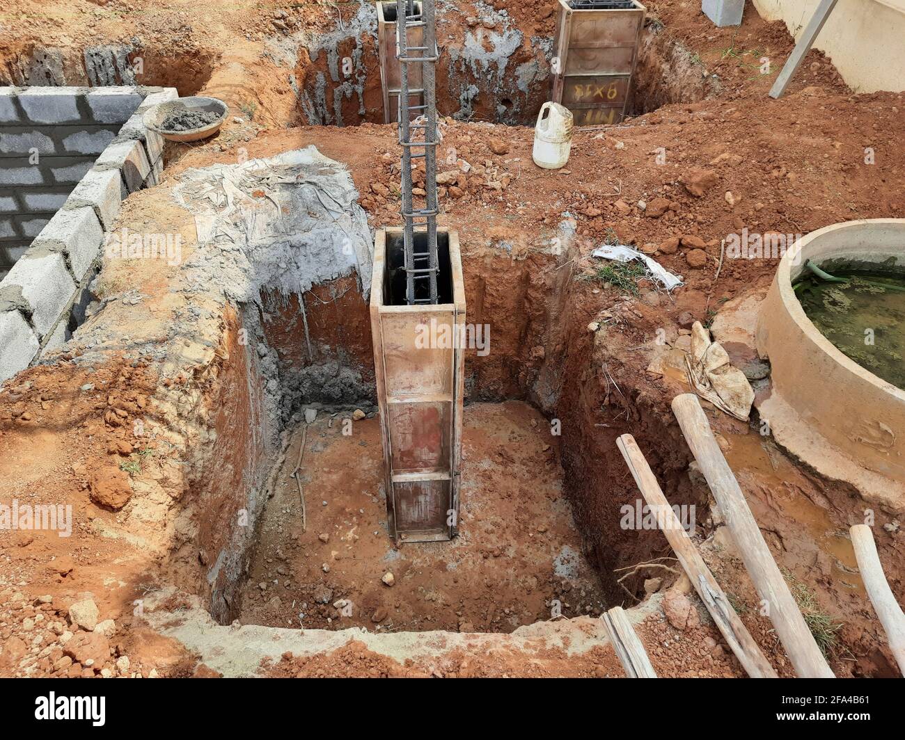 New building construction with cement block and artificial sand in a ...