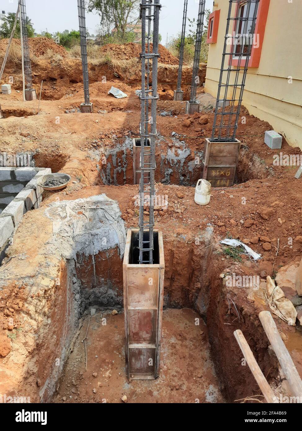 New building construction with cement block and artificial sand in a ...