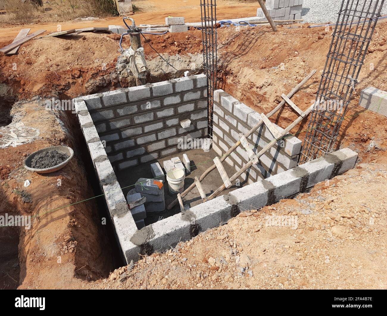 New building construction with cement block and artificial sand in a ...