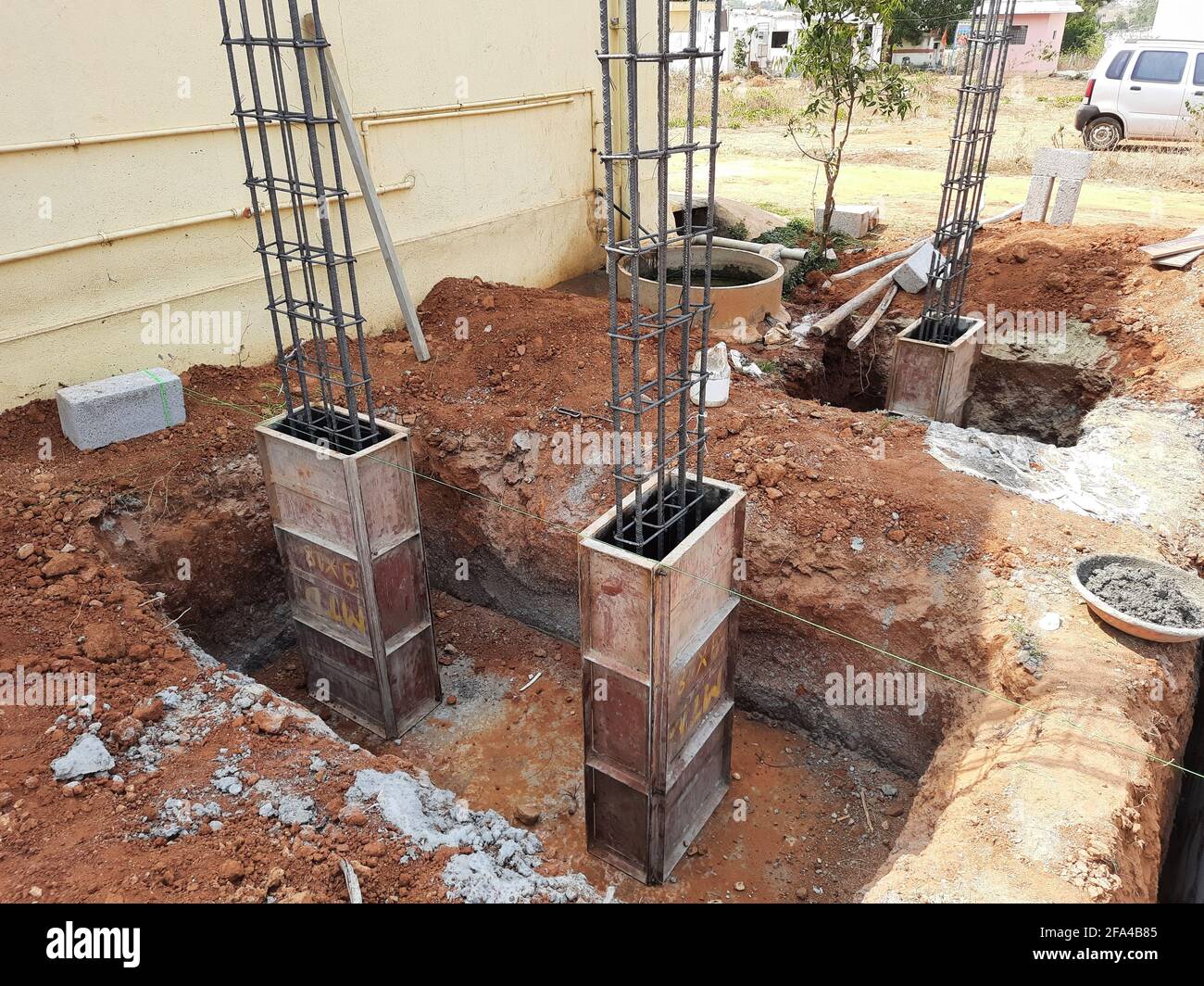 New building construction with cement block and artificial sand in a ...