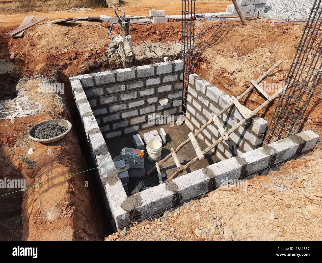New building construction with cement block and artificial sand in a ...