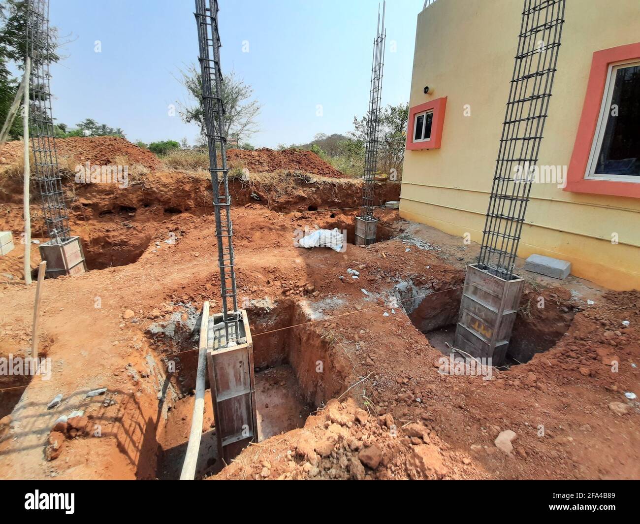 New building construction with cement block and artificial sand in a ...