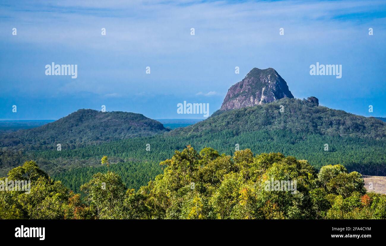 view of 364 m Mount Tibrogargan, one of the Glasshouse Mountains which ...