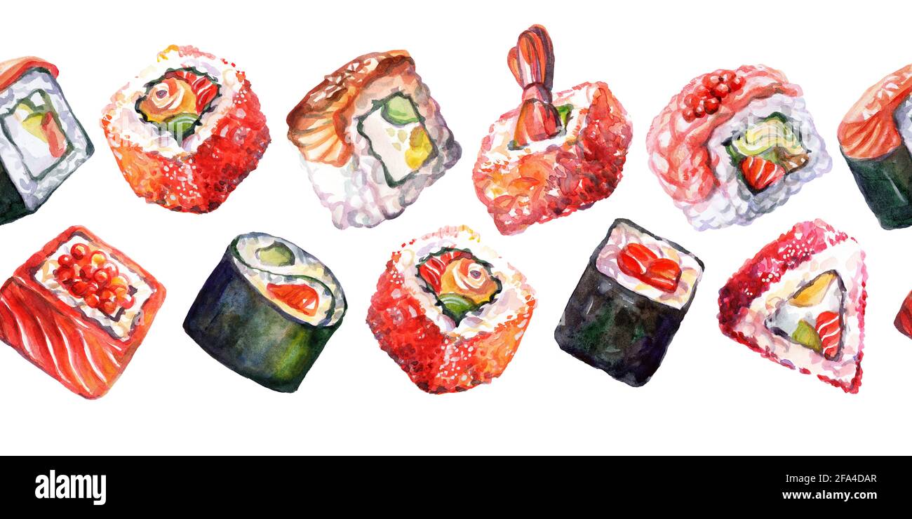 Seamless border japanese cuisine different rolls, watercolor ...