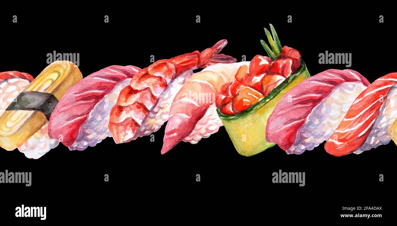 Seamless border japanese cuisine different sushi, watercolor ...