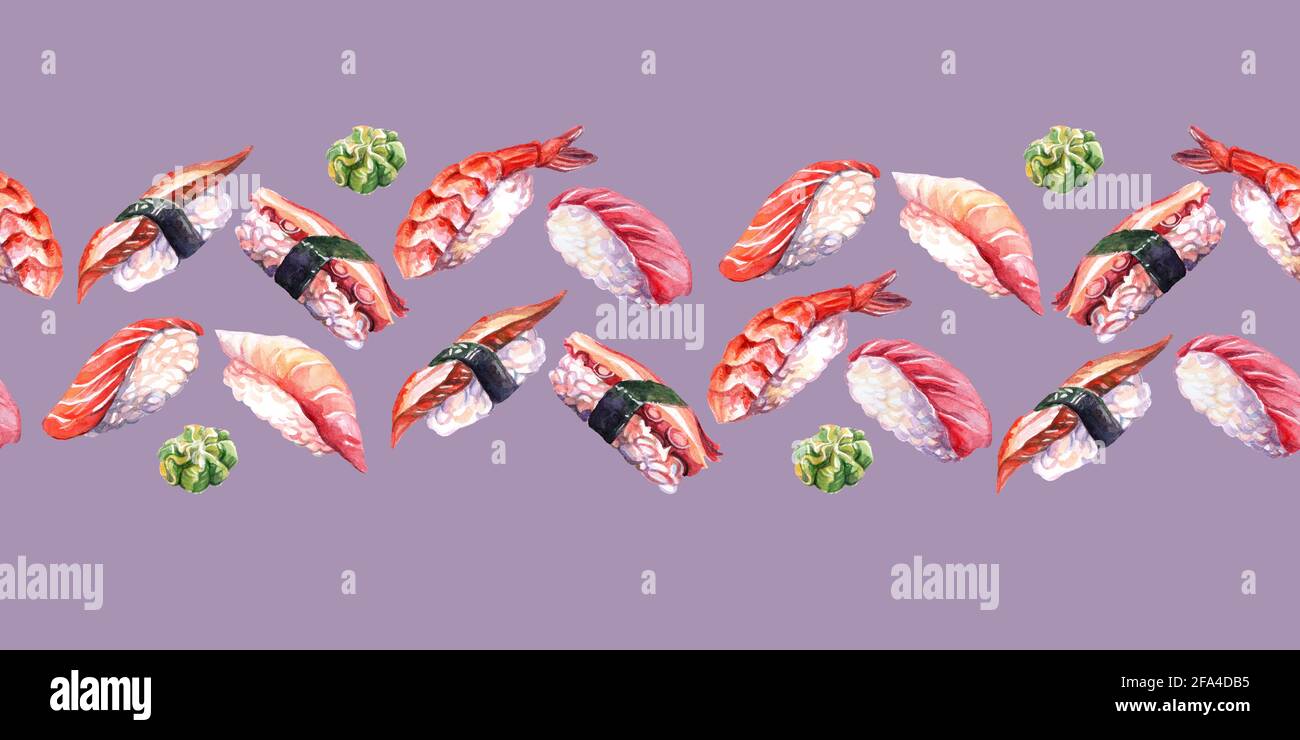 Seamless border japanese cuisine different sushi, watercolor ...