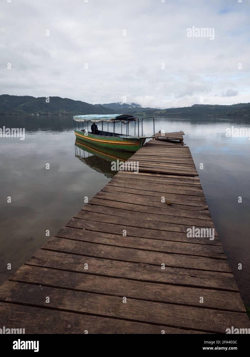 Boat passenger ship vessel waiting at idyllic Amazon rainforest jungle ...