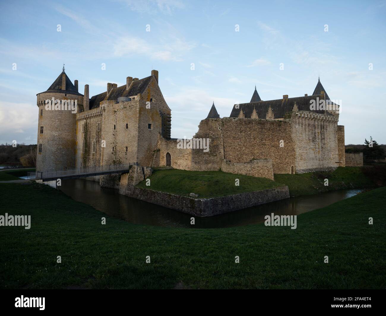 Aerial panorama view of medieval middle ages water castle Chateau de ...