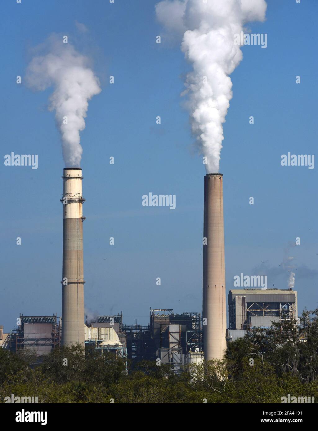 Billowing smokestacks are seen at Tampa Electric Big Bend power station ...
