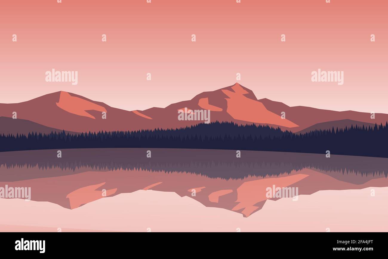 Mountains landscape wallpaper. Illustration of mountains, lake, trees ...