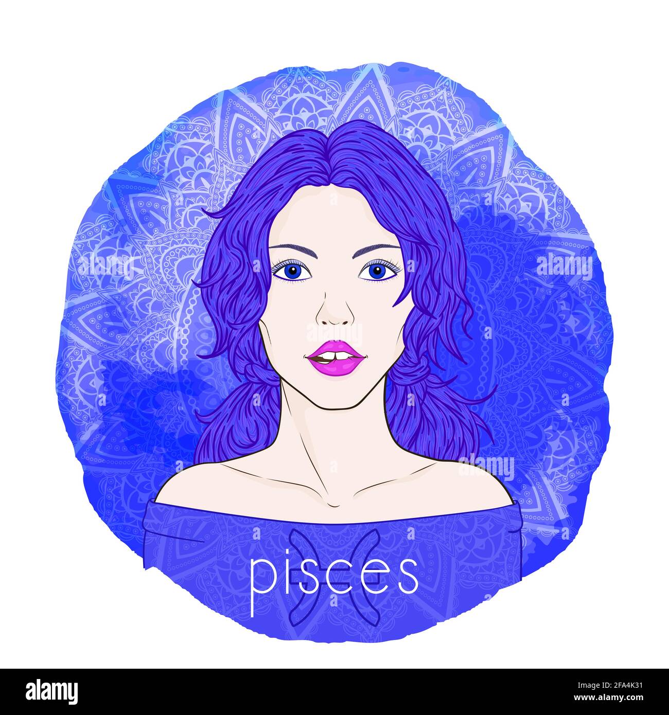 Astrology Card With Zodiac Sign Pisces And Beautiful Woman Portrait On