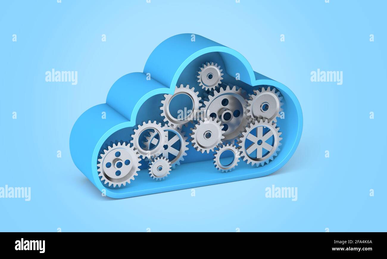 Cloud storage with gears. Technical work on the server. Blue background ...