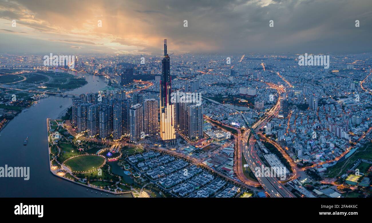 Top view of Ho Chi Minh City and Landmark 81 in the beautiful sunset ...