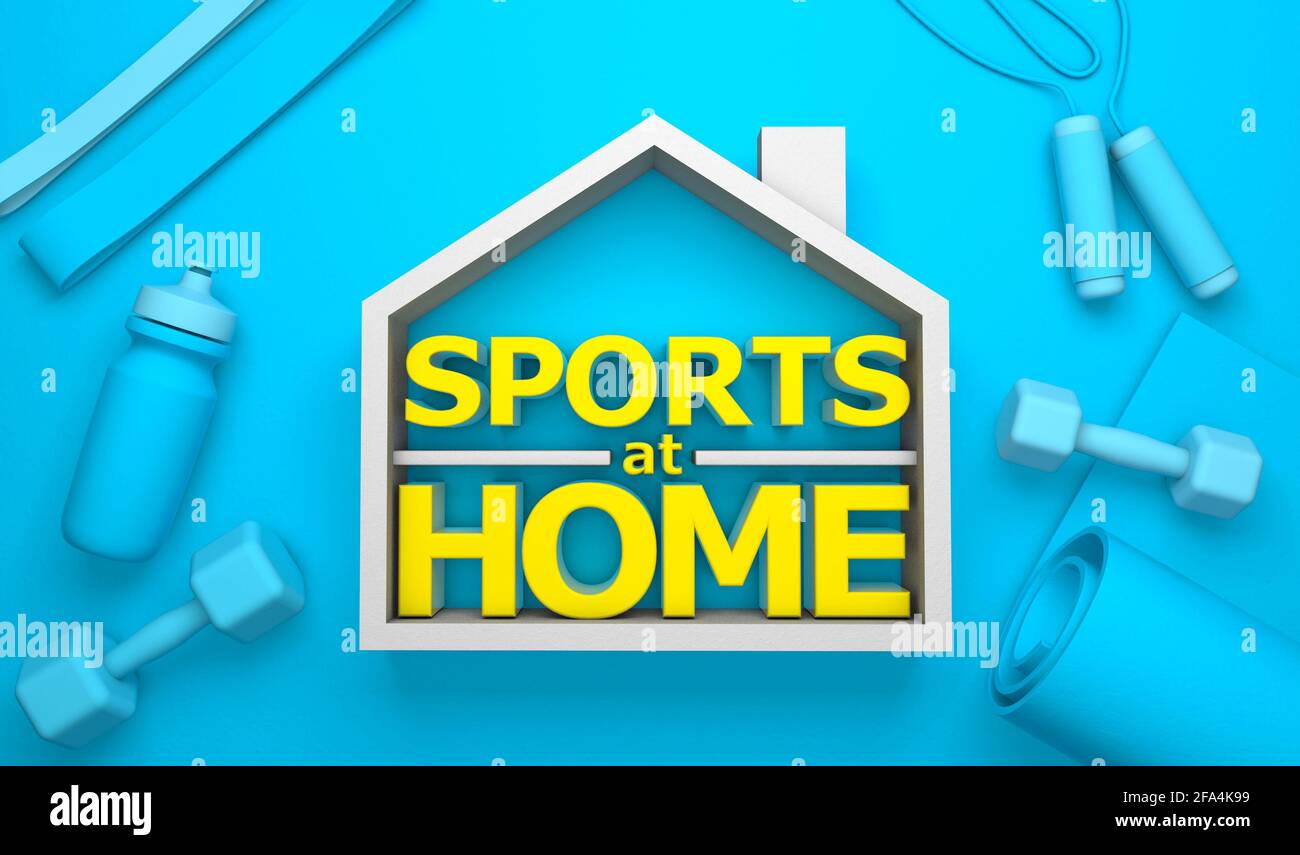 Sports at home. House symbol and yoga mat, dumbbells, jump rope, bottle ...