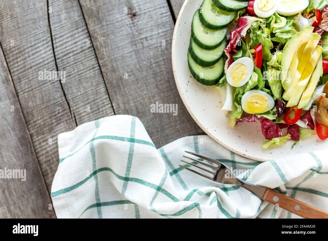 Healthy eating concept flat lay with towel and fork. Mediterranean diet ...