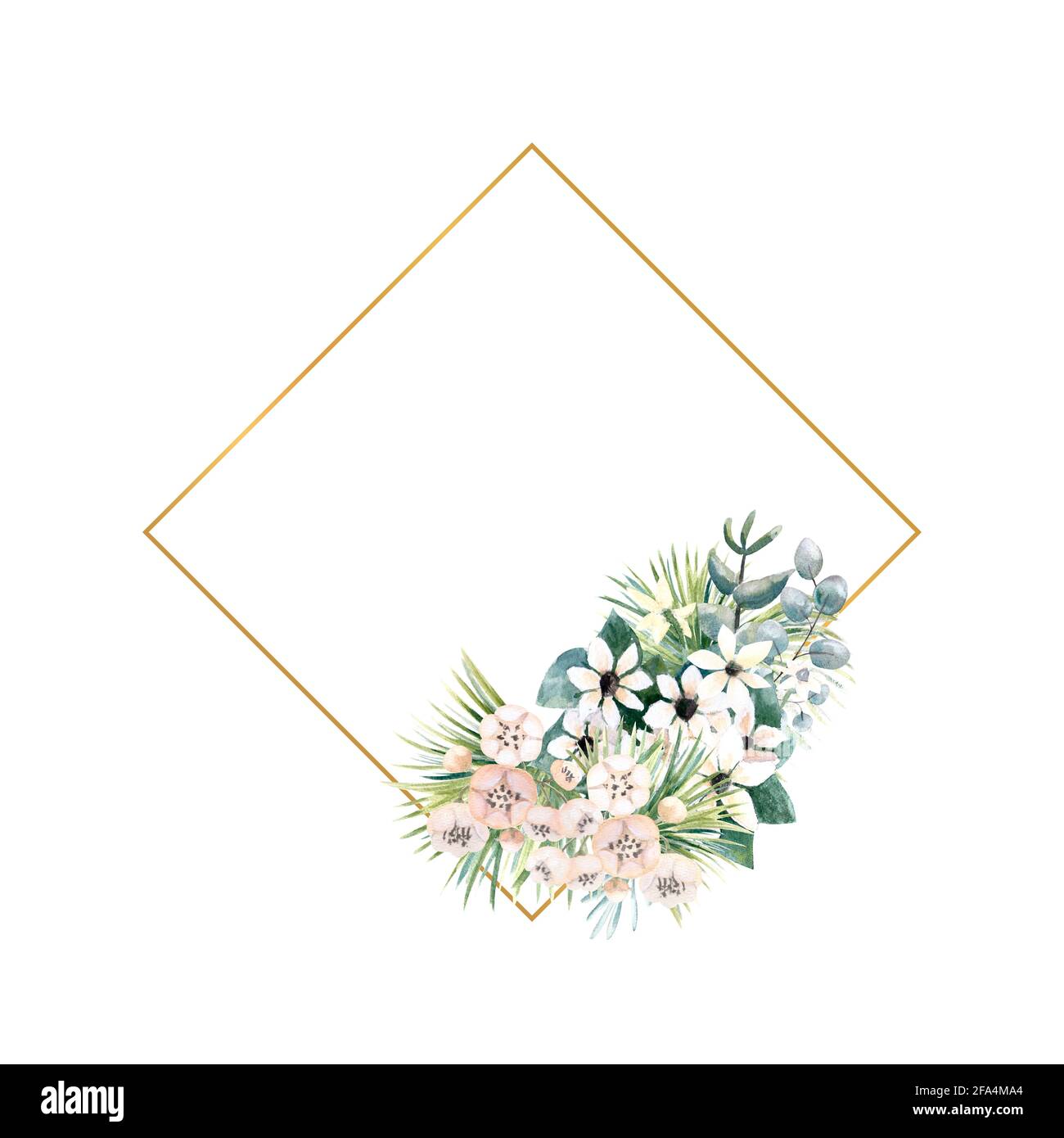 Diamond-shaped gold frame with small flowers of actinidia, bouvardia ...