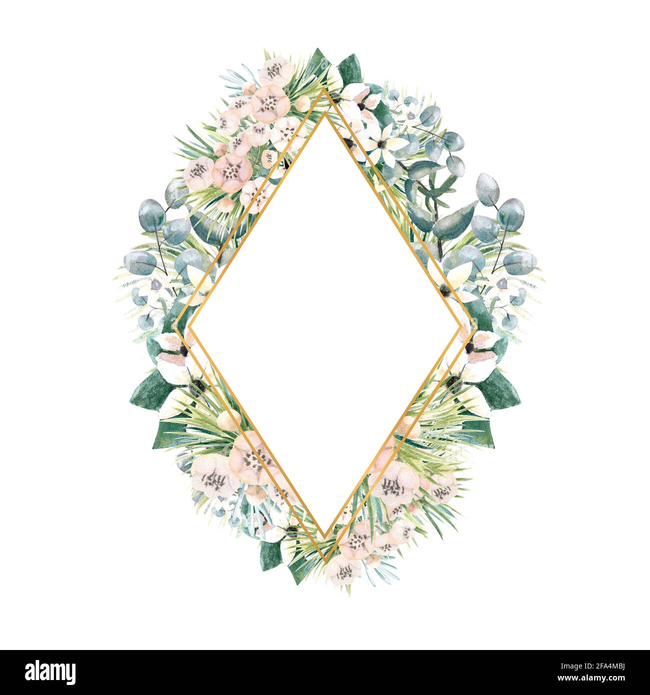 Diamond-shaped gold frame with small flowers of actinidia, bouvardia ...