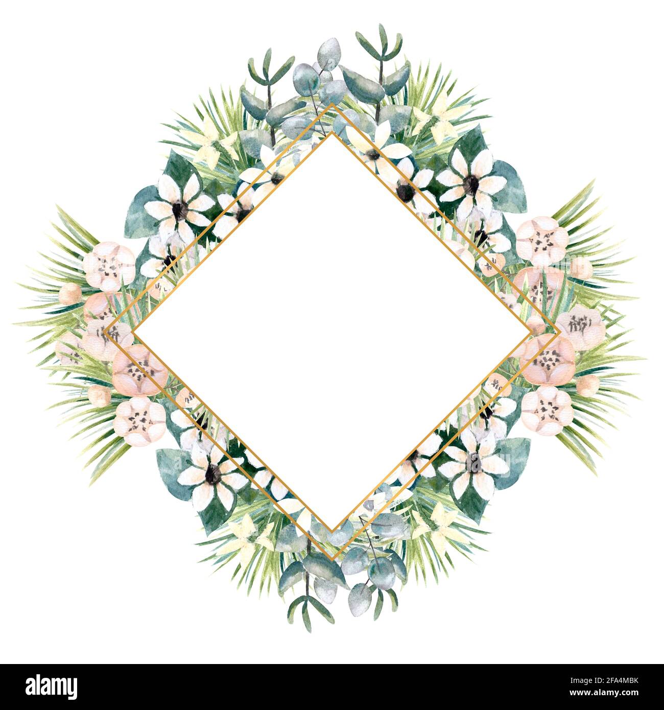 Diamond-shaped gold frame with small flowers of actinidia, bouvardia ...