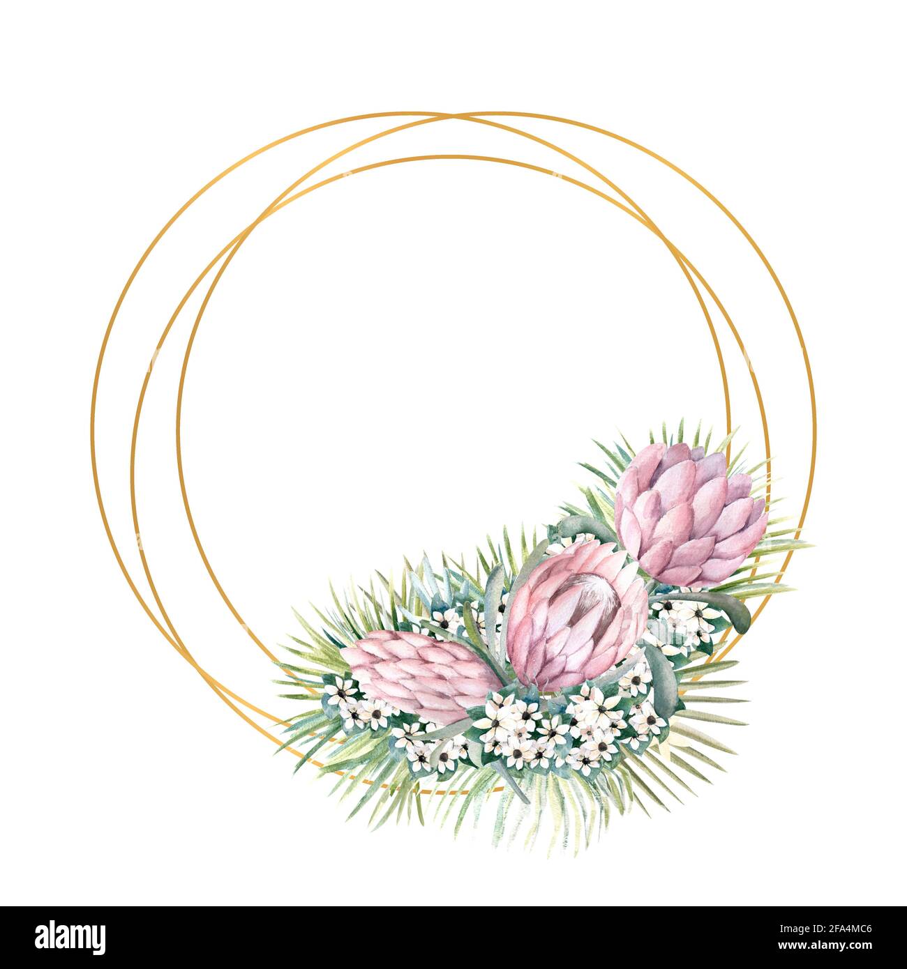 Frame with protea flowers, tropical leaves, palm leaves, bouvardia ...