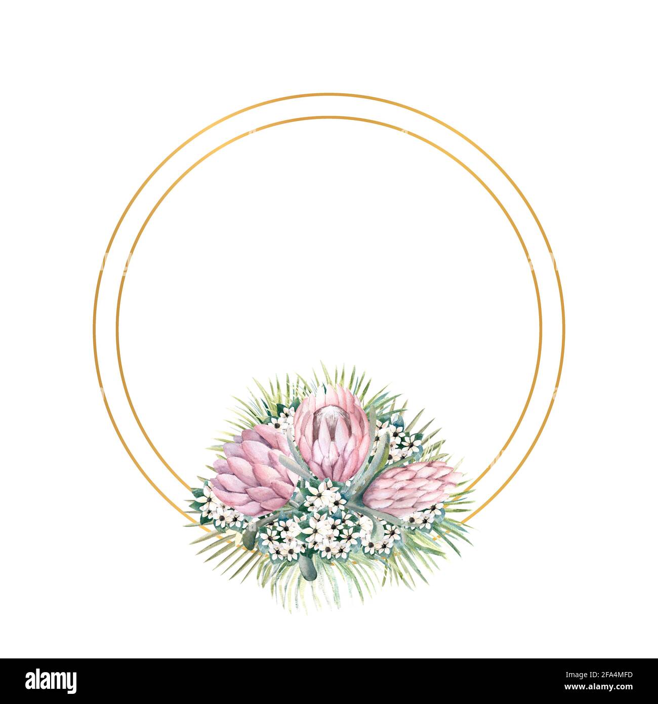 Round gold frame with protea flowers, tropical leaves, palm leaves ...