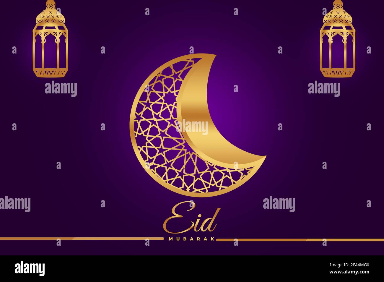 eid mubarak with gold moon and hanging lanterns with dark purple ...