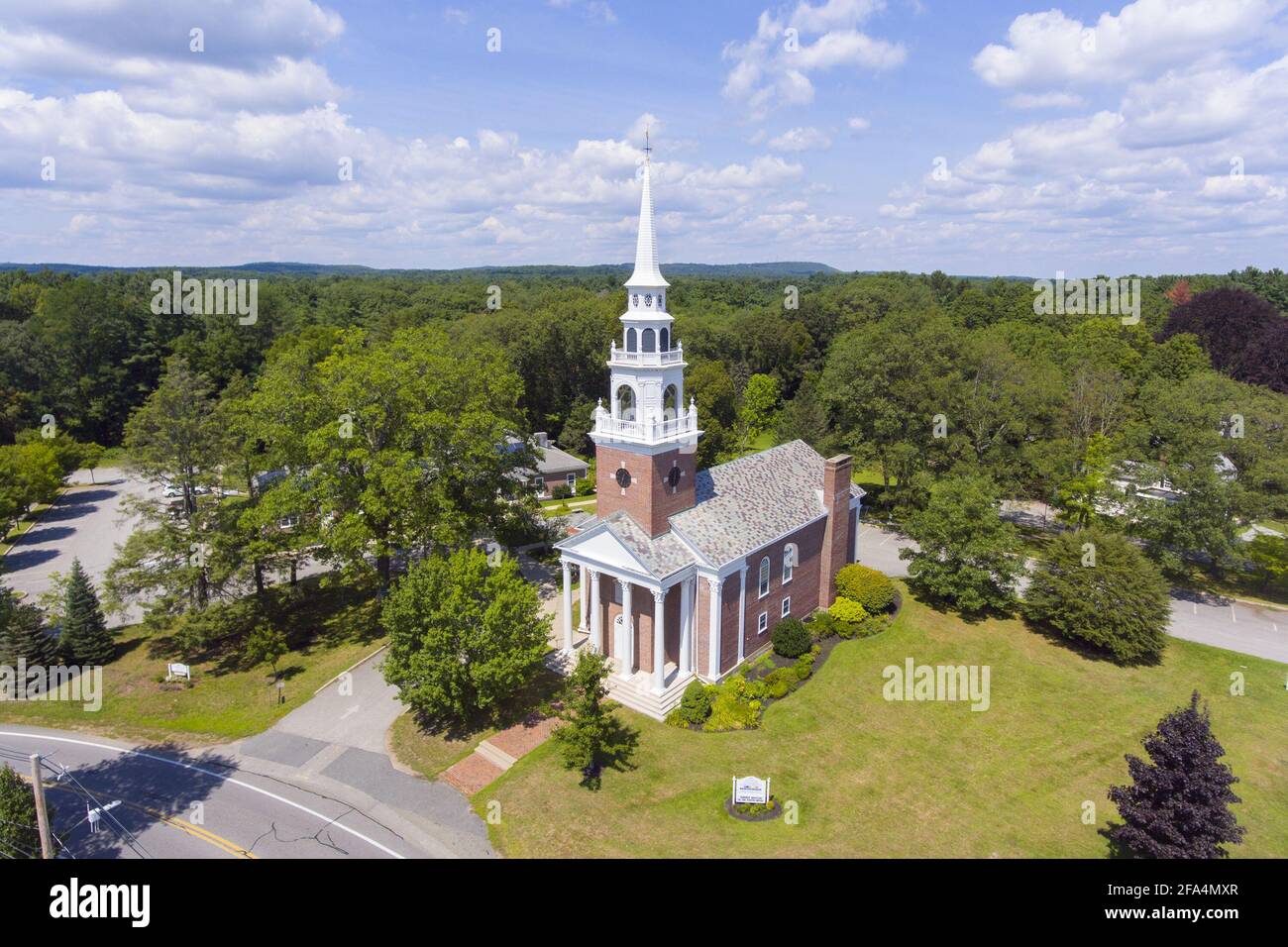 Aerial view of First Parish Church on Framingham Centre Common Historic ...