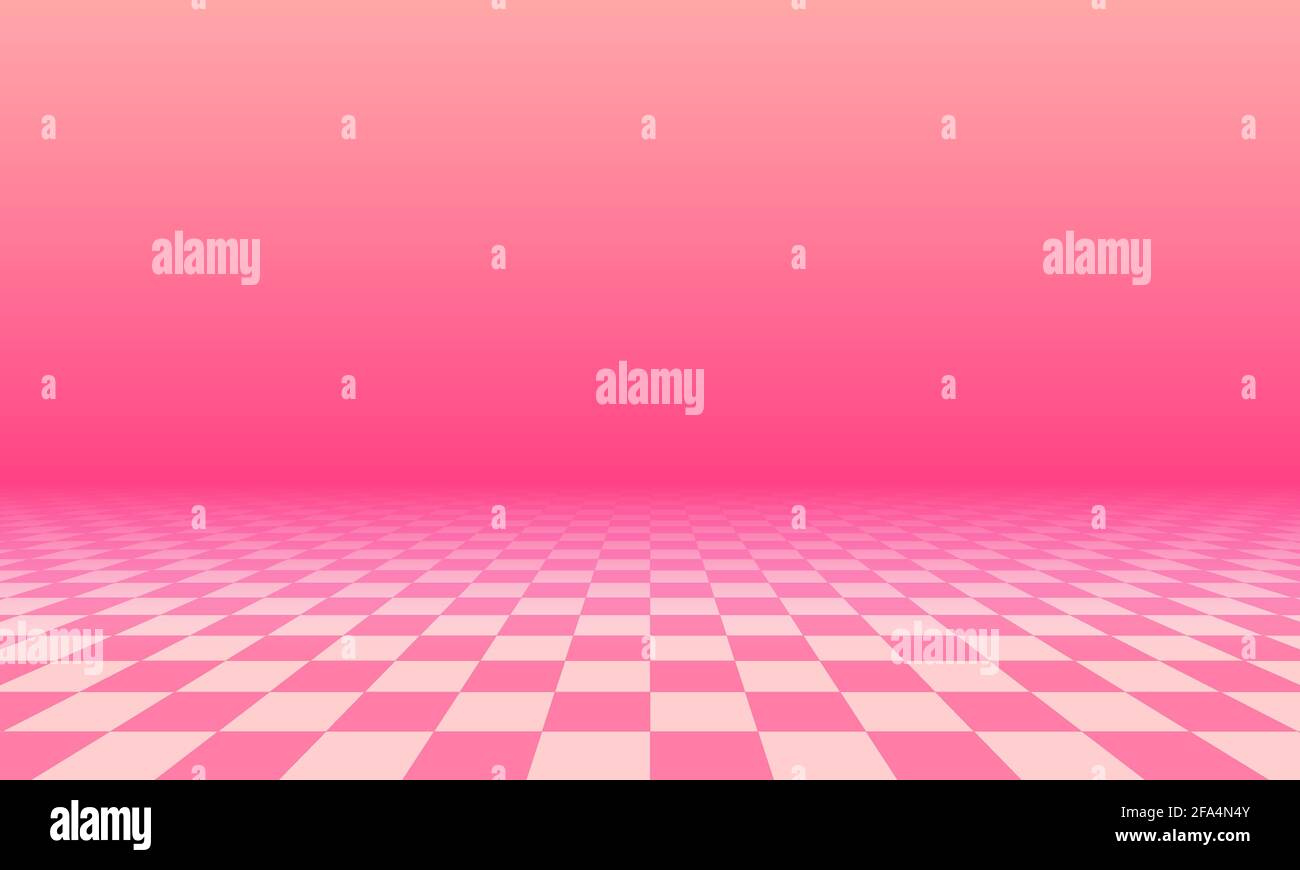 Abstract checkered floor in pink surreal interior. Room with no horizon ...