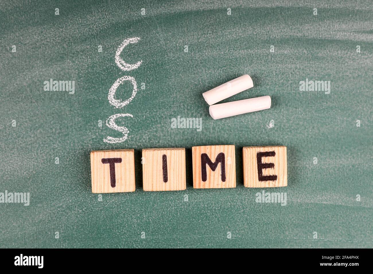 Time an Cost concept. Wooden alphabet letters on a green chalk board ...