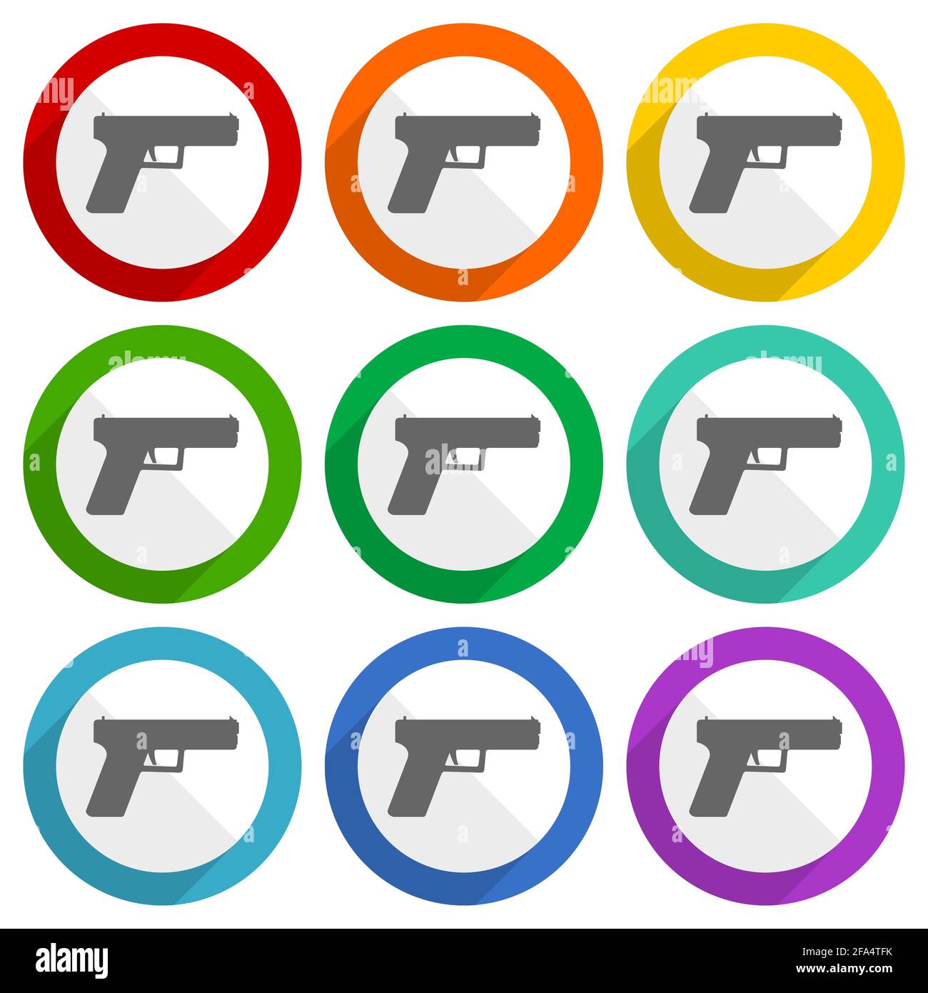 Pistol, gun, weapon vector icons, set of colorful flat design buttons ...
