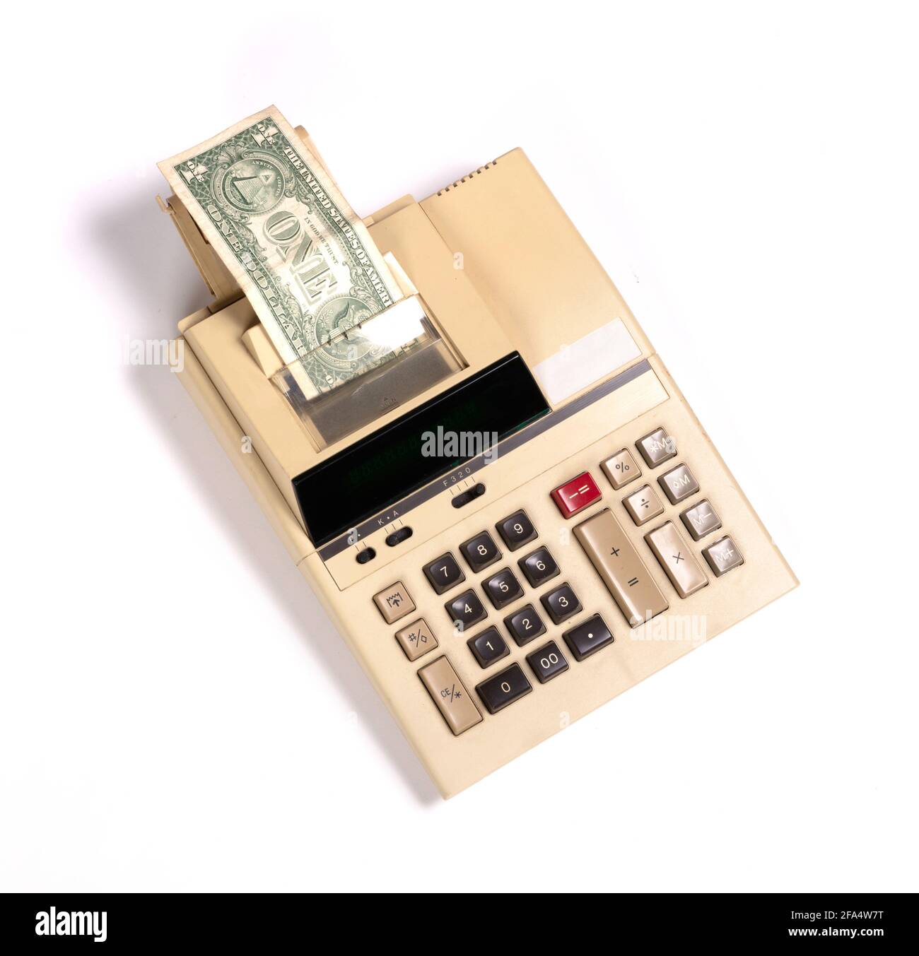 Old fashioned calculator and one dollar, isolated on white Stock Photo ...