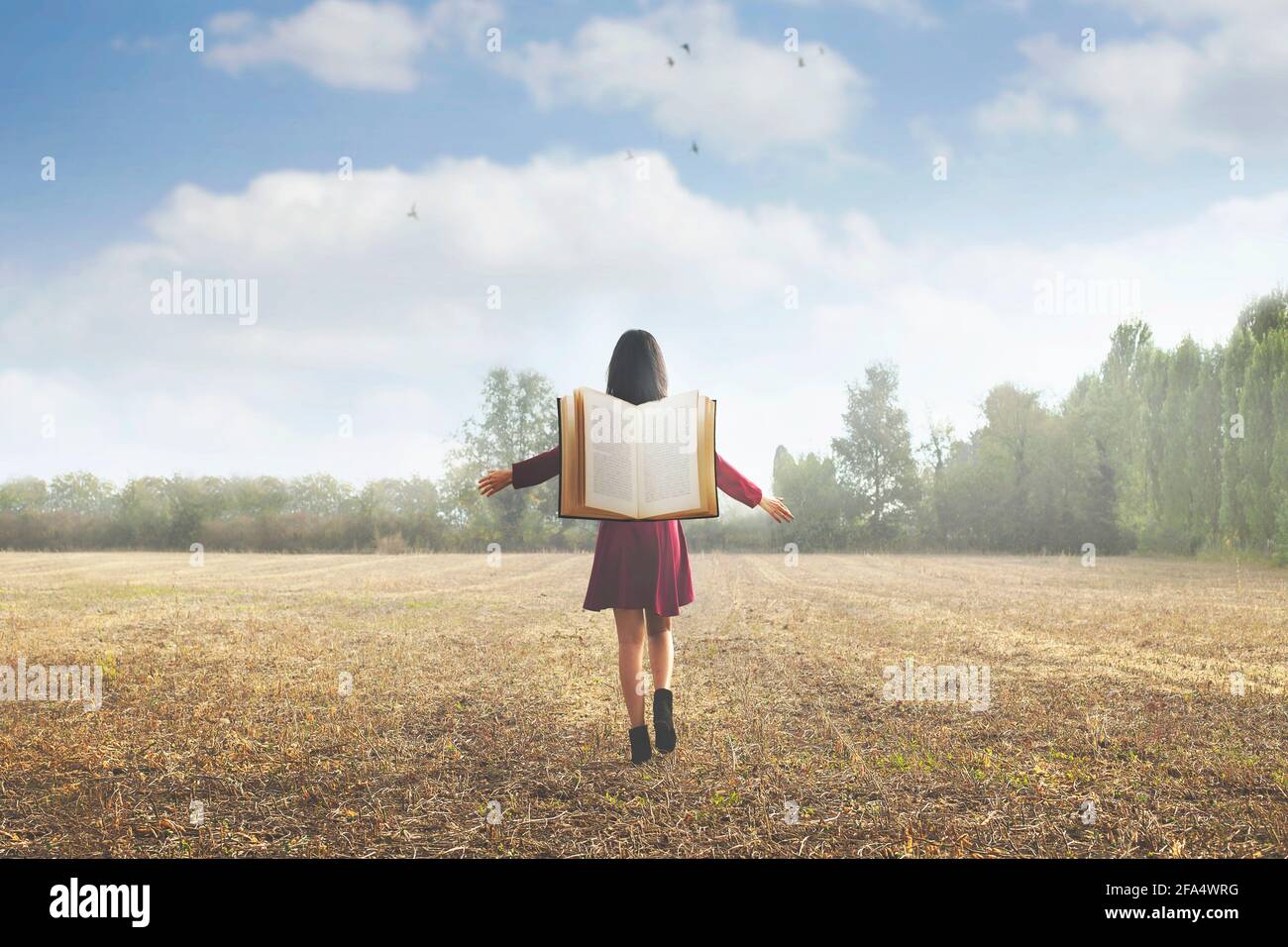 surreal woman walks into infinity with an open book on her back Stock ...