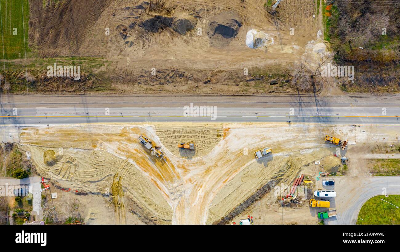 Above top view, overhead on circular road, roundabout under ...