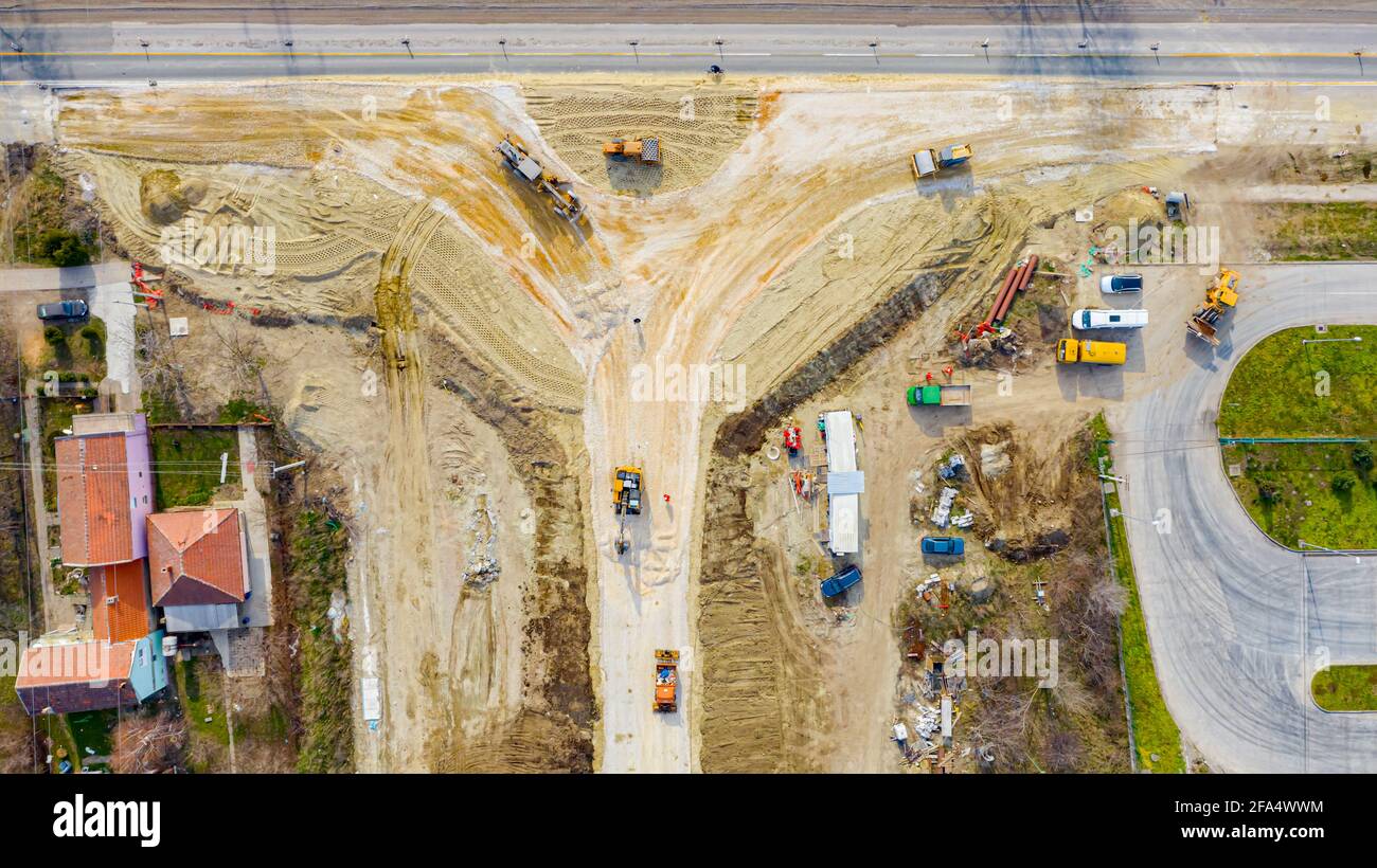 Above top view, overhead on circular road, roundabout under ...