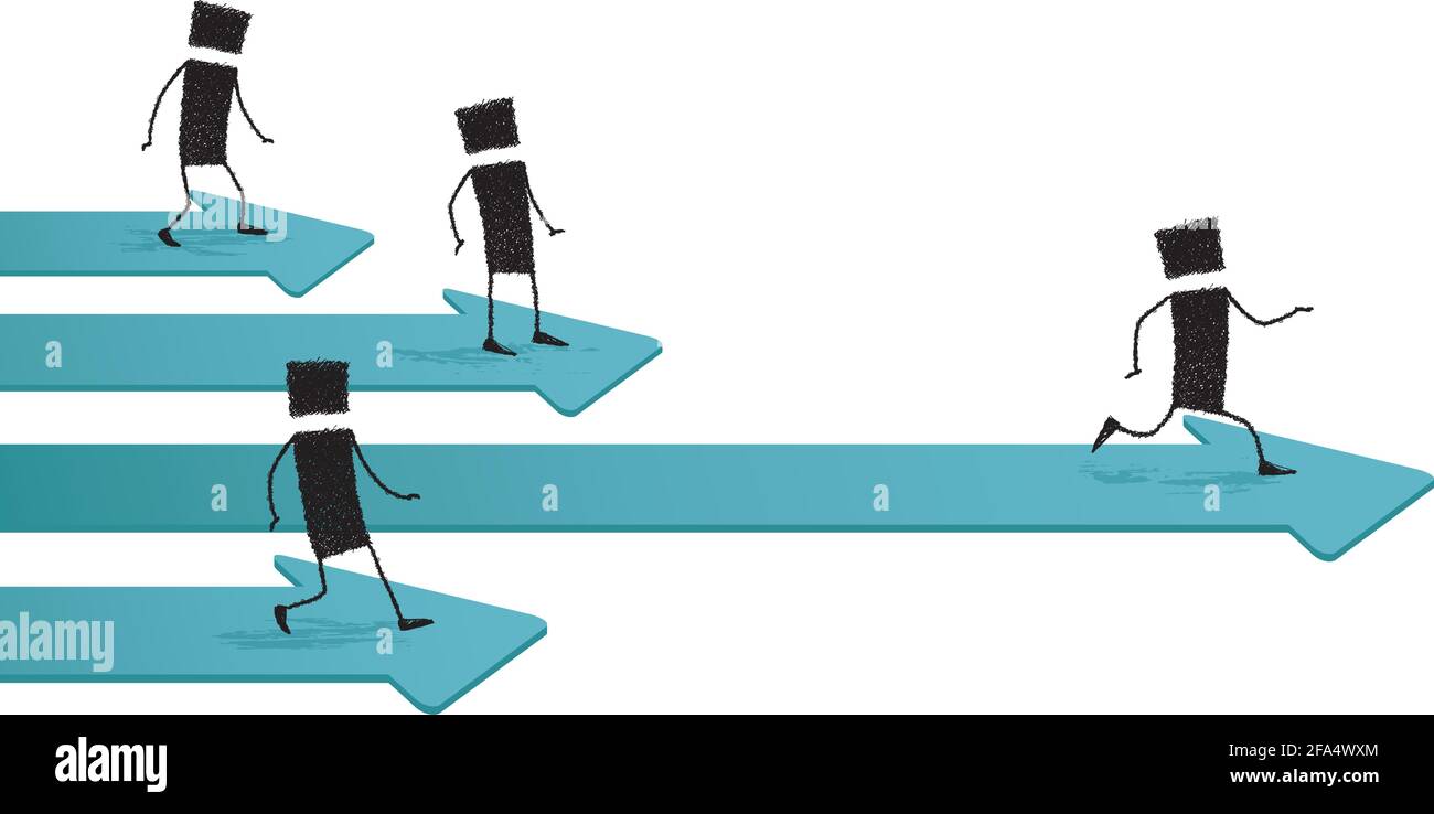 Several stick figures running over some arrows pointing forward. One is ...