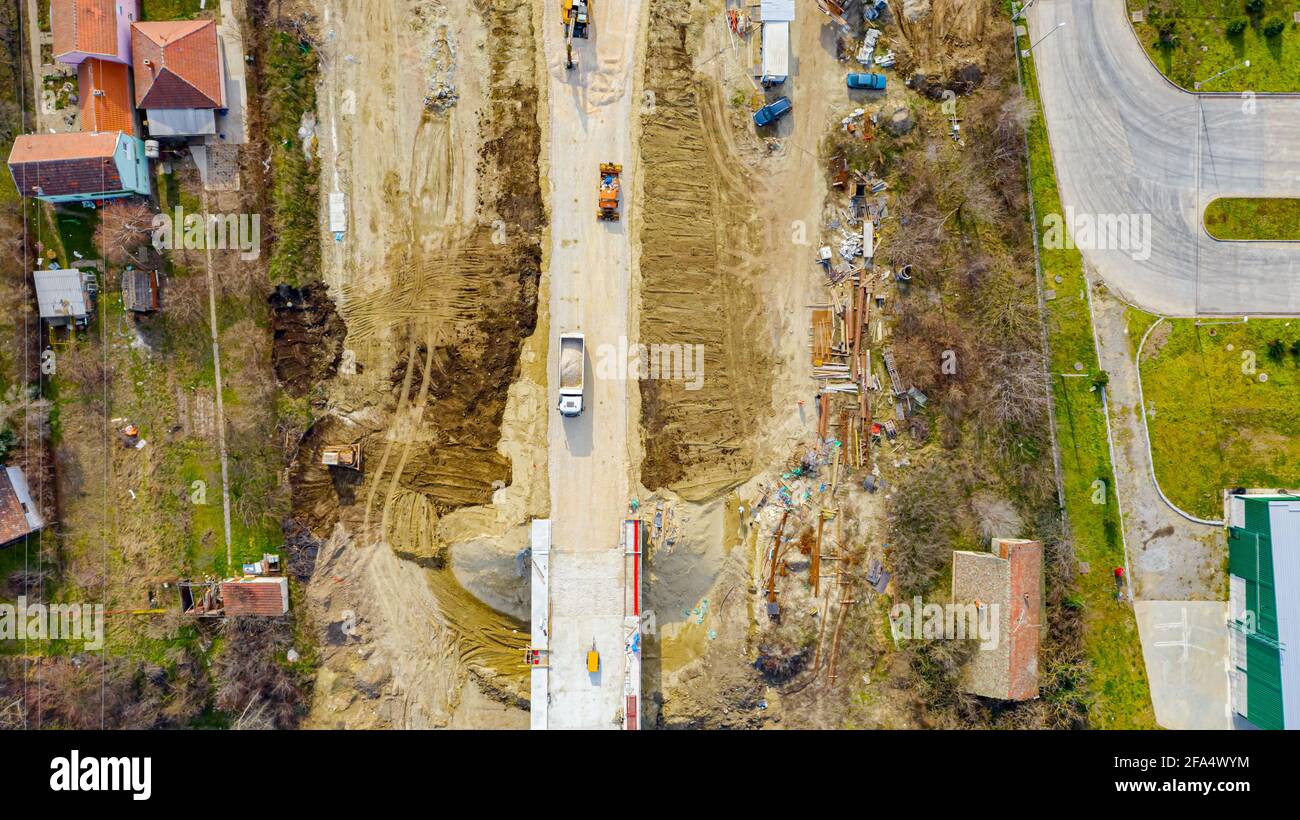 Above top view, overhead on circular road, roundabout under ...