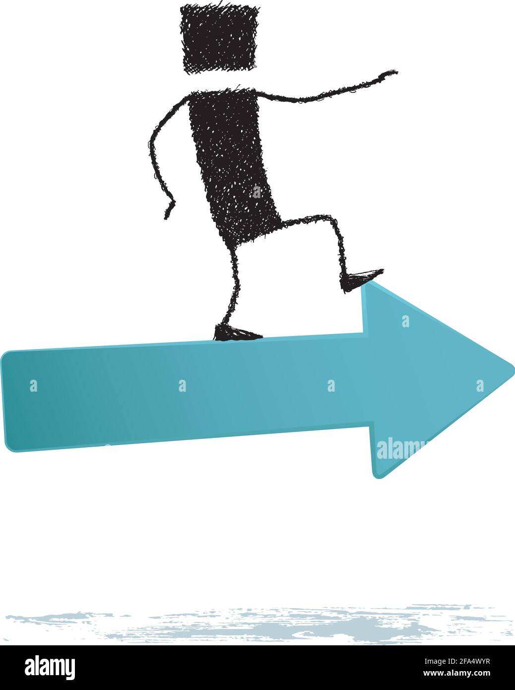 A stick figure standing on an arrow pointing forward. A metaphor of ...